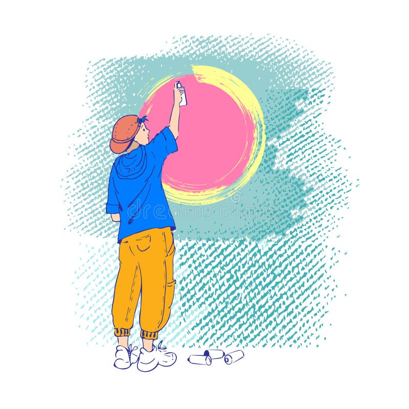 A teenager draws graffiti stock vector. Illustration of person - 214885193