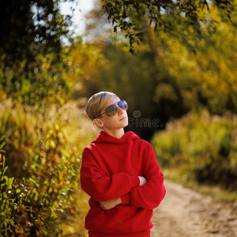 A Teenager in a Fall Park Pondered. a Boy in a Red Suit in a Park in ...