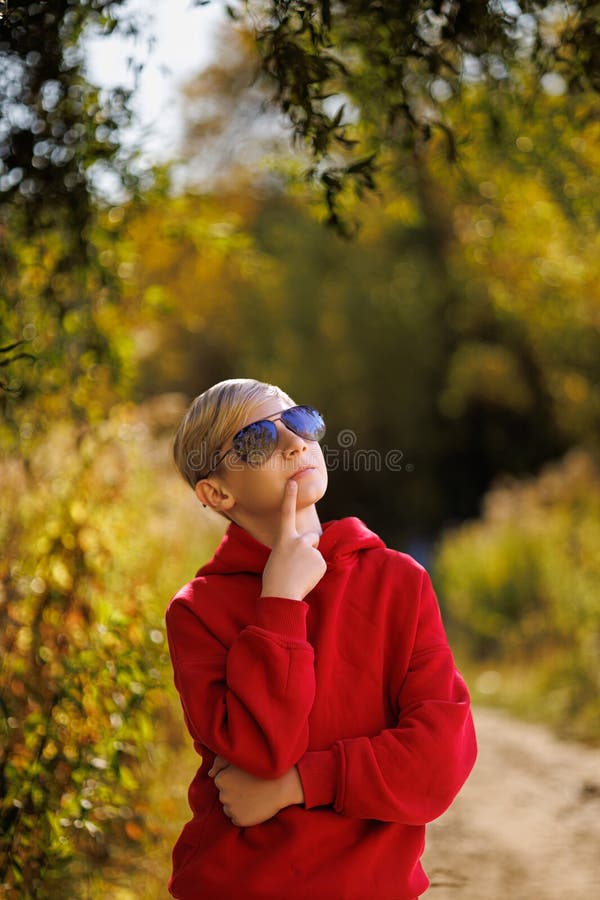A Teenager in a Fall Park Pondered. a Boy in a Red Suit in a Park in ...