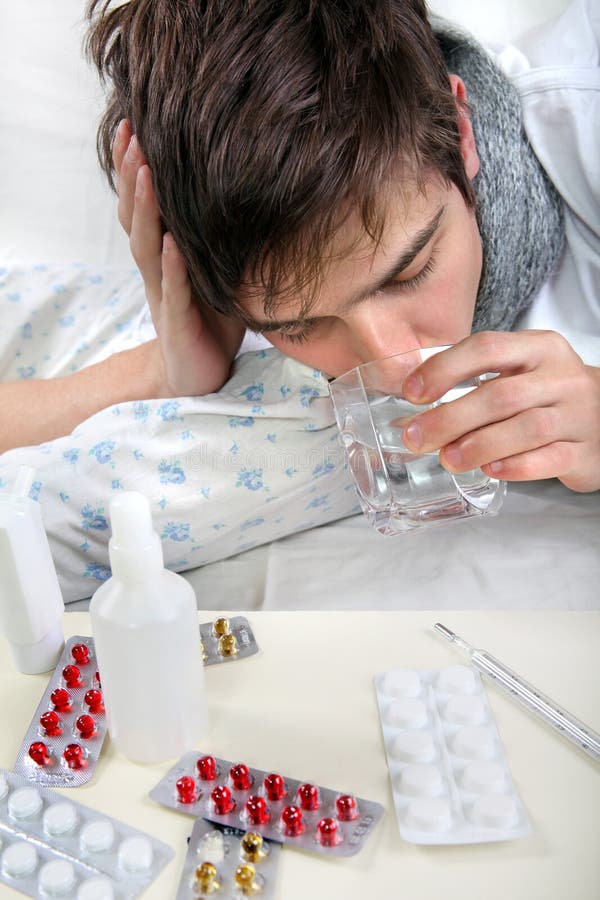 Teenager with Flu Drinks Water Stock Image - Image of grippe, face ...