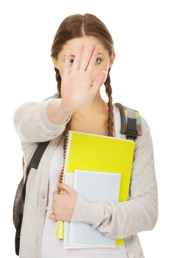 Teenager Girl Backpack Make Stop Gesture. Stock Image - Image of people ...
