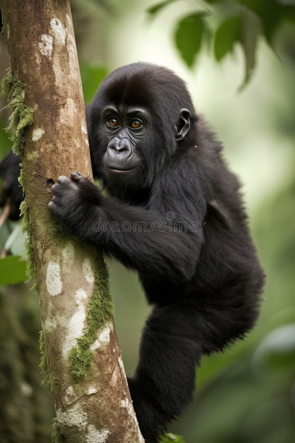 Teenager Gorilla Climbing on Tree. Generative AI Stock Illustration ...
