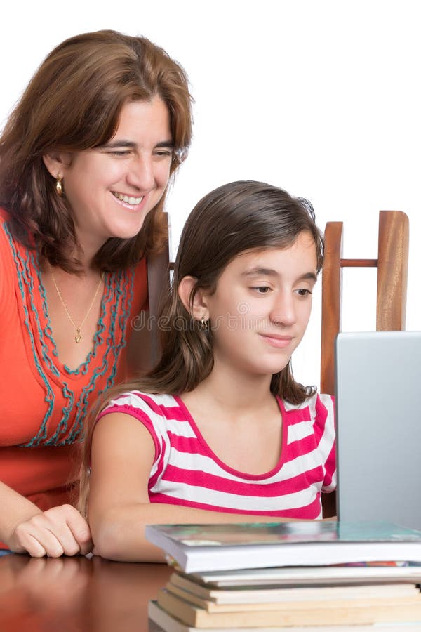 Teenager and Her Mom Working on a Laptop Computer Stock Photo - Image ...