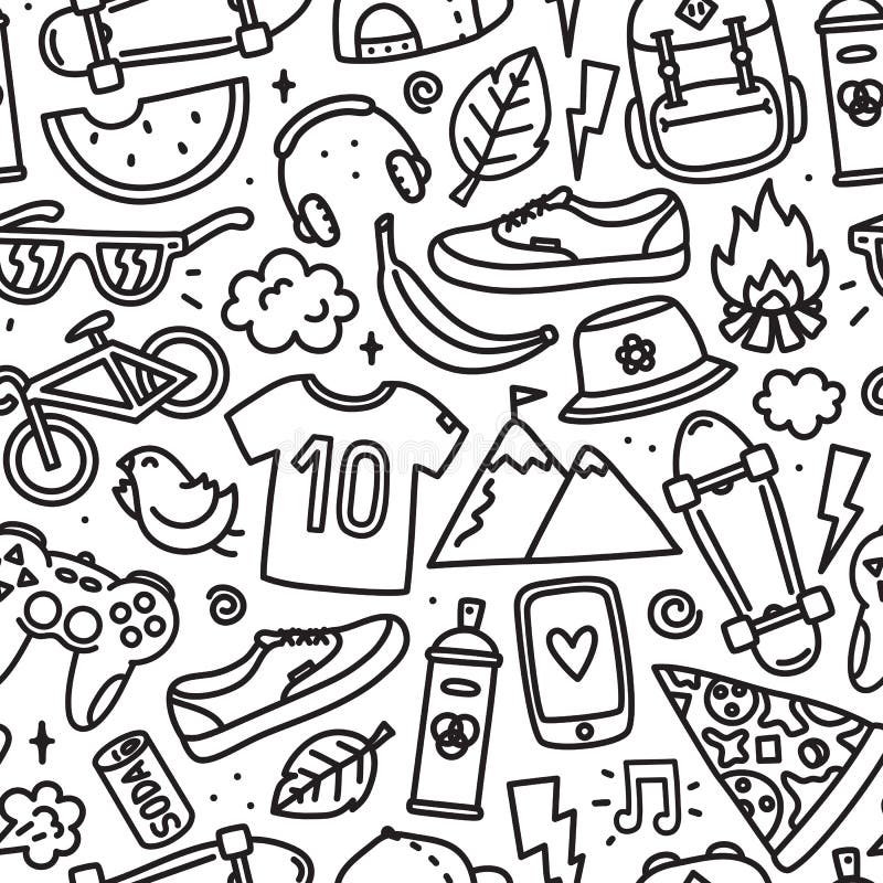 Teenager Cartoon Hipster Objects Seamless Vector Pattern Outline Stock ...