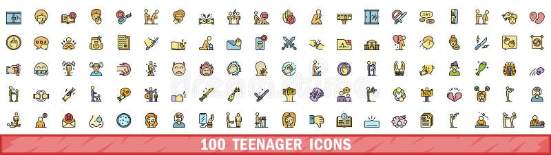 100 Teenager Icons Set, Color Line Style Stock Vector - Illustration of ...