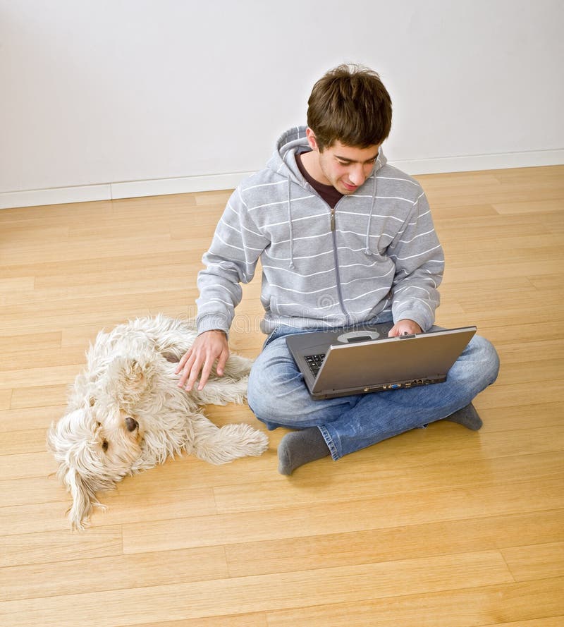 Teenager and Laptop Computer and Dog Stock Image - Image of canine ...