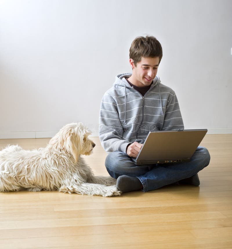 Teenager and Laptop Computer and Dog Stock Photo - Image of learning ...