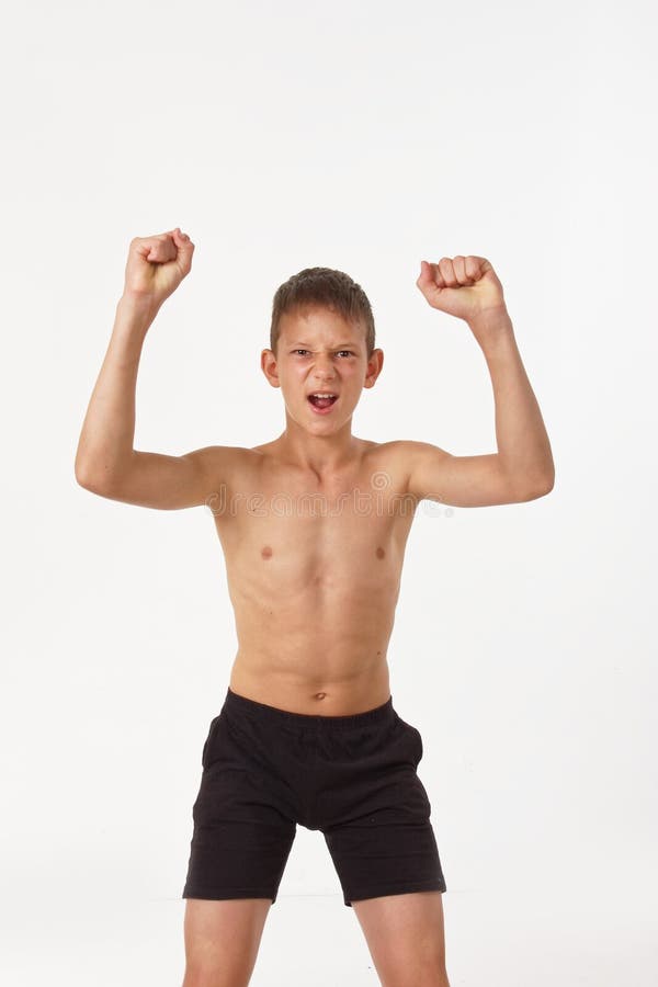 Teenager with Muscles. Emotions of the Winner. Stock Photo - Image of ...