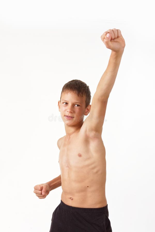 Teenager with Muscles. Emotions of the Winner. Stock Photo - Image of ...