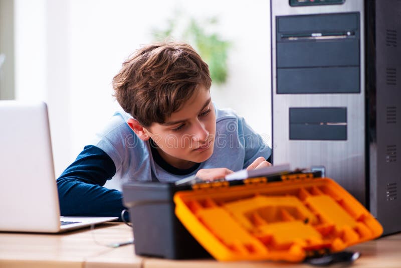 Boy Reparing Computers at Workshop Stock Image - Image of motherboard ...