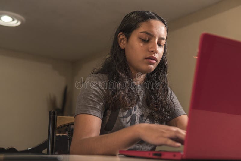 A teenager using a laptop stock photo. Image of alone - 231042750