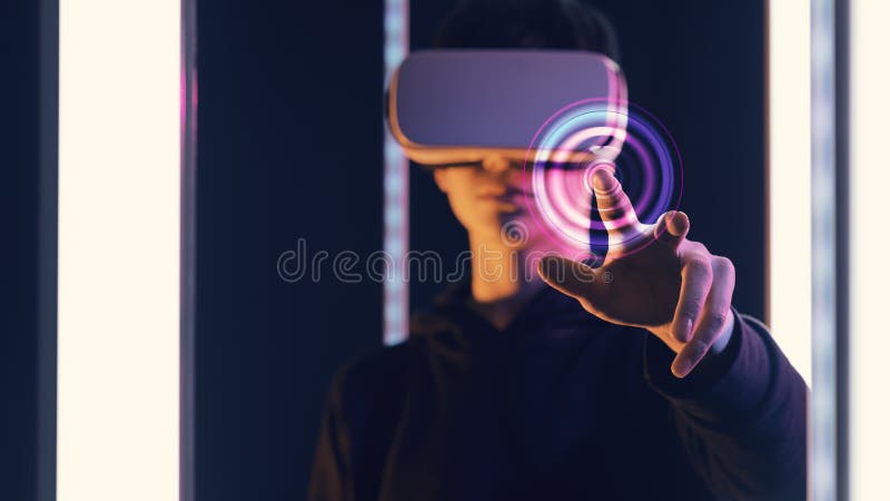 Teenager Using a Touch Screen Interface in a Virtual Environment Stock ...