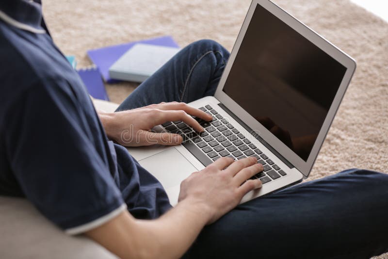 Teenager Working at Computer on the Grass Stock Photo - Image of laptop ...