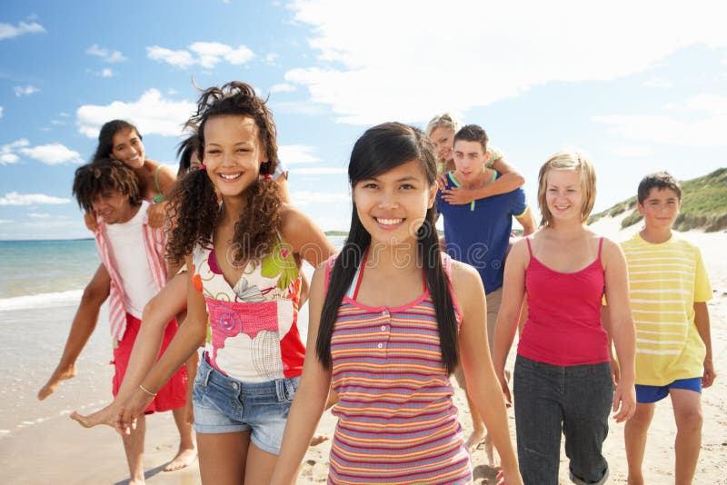 Teenagers Going for Walk Along the Beach Stock Image - Image of blue ...