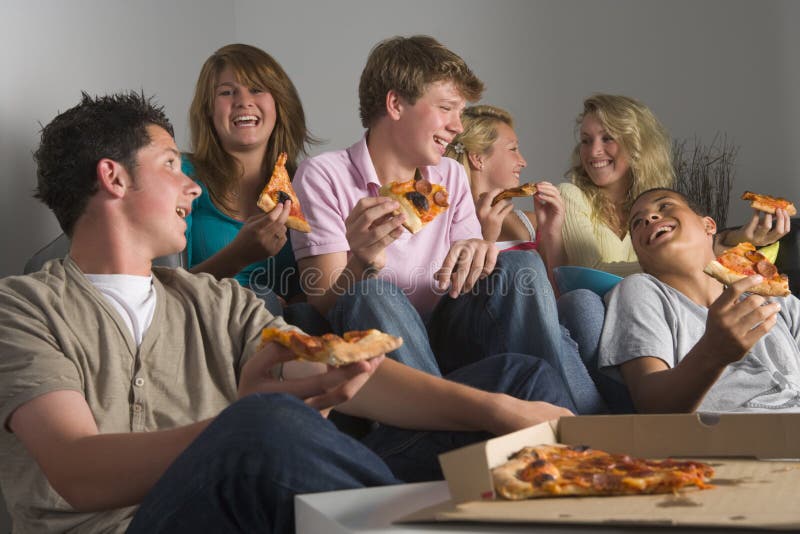Teenagers Having Fun and Eating Pizza Stock Image - Image of clothing ...