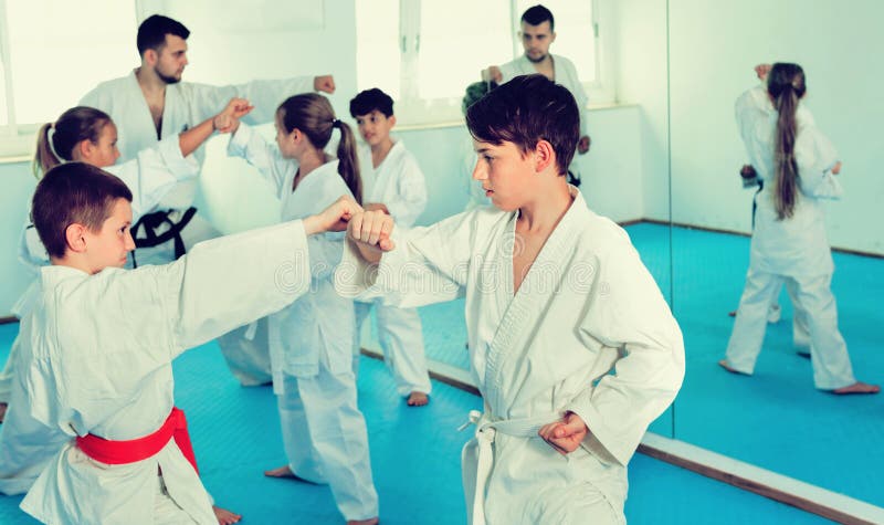 Teenagers Practicing New Karate Moves in Pairs in Class Stock Photo ...