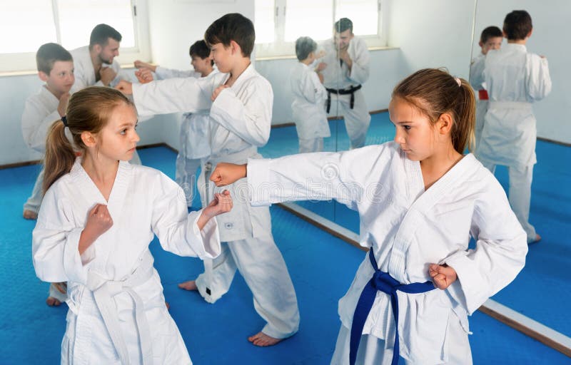 Teenagers Practicing New Karate Moves in Pairs in Class Stock Photo ...