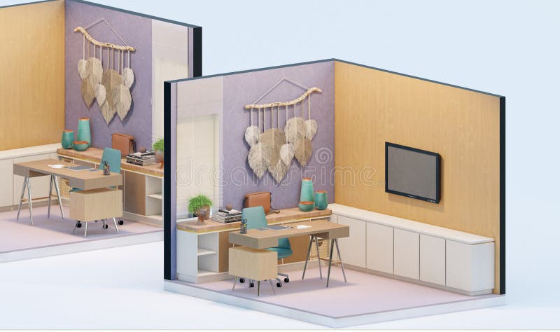 Isometric View of a Interior Design of Study Room Orthographic View 3d ...