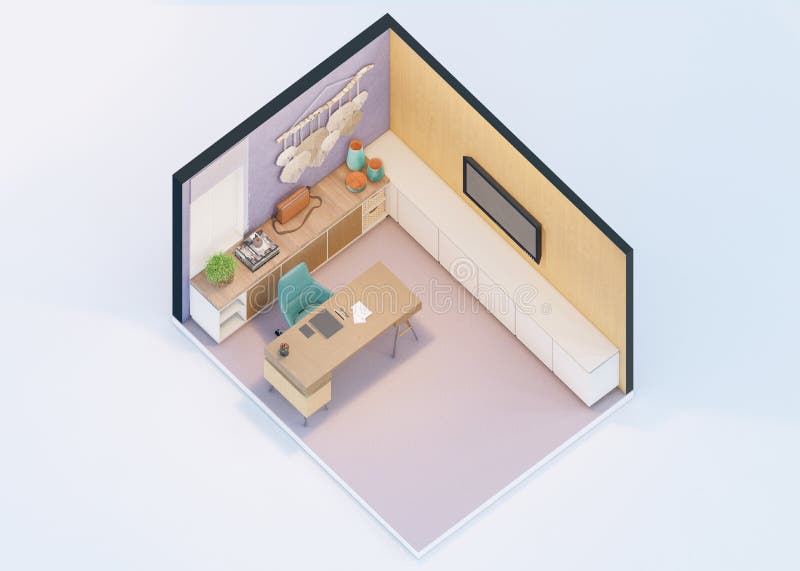 Isometric View of a Interior Design of Study Room Orthographic View 3d ...