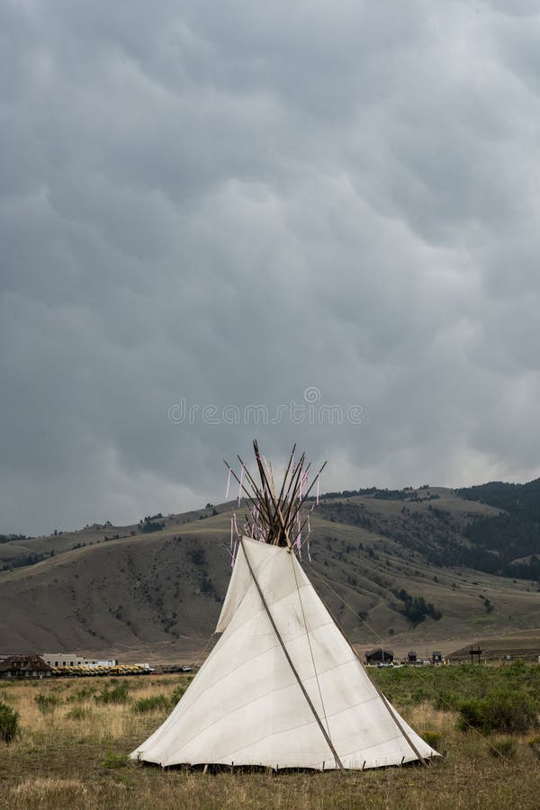 Teepee Set Up in Field with Gardiner Montana in the Distance Stock ...