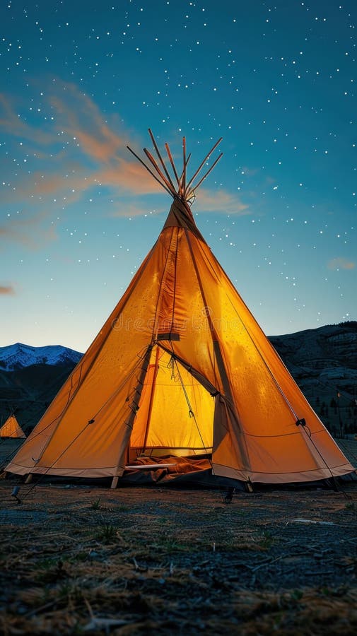 Teepee Structure Set in a Vast Field, Surrounded by Distant Mountains ...