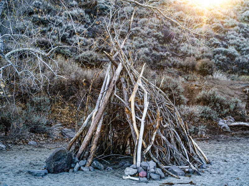Teepee Structure for Shelter Made of Tree Branches on a Sandy Beach in ...