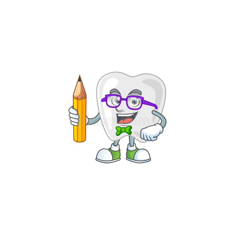 Teeth Student Cartoon Character Studying with Pencil Stock Vector ...