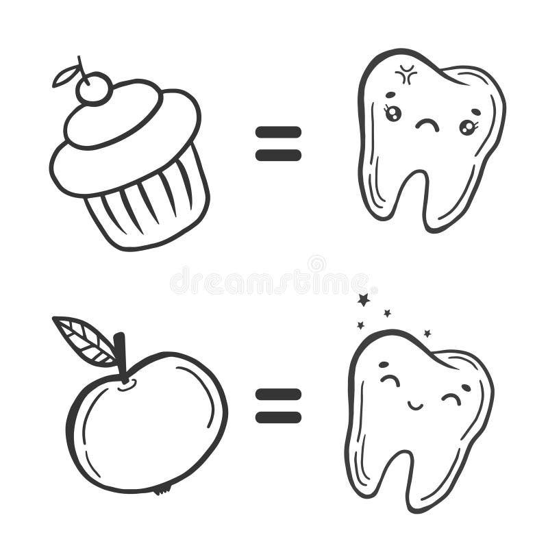 Teeth and Sweets. Teeth and Fruits. Vector Linear Illustration Stock ...