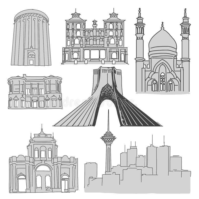 Tehran Famous Buildings, Outline Sketch Stock Vector - Illustration of ...