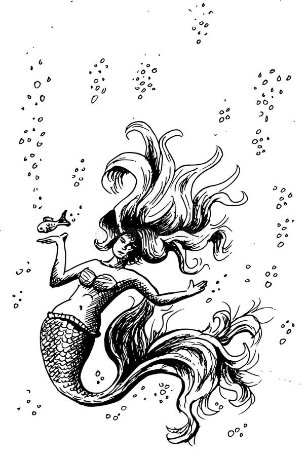 Tekening Van De Meermin De Zwart-witte Inkt Stock Illustratie ...