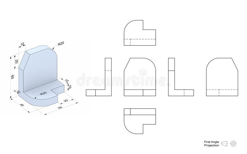 Teknisk Ritning Med Ortografiska Vyer Från 3d-modell. Första ...