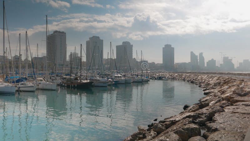 Tel Aviv port city skyline stock video. Video of landscape - 345752283