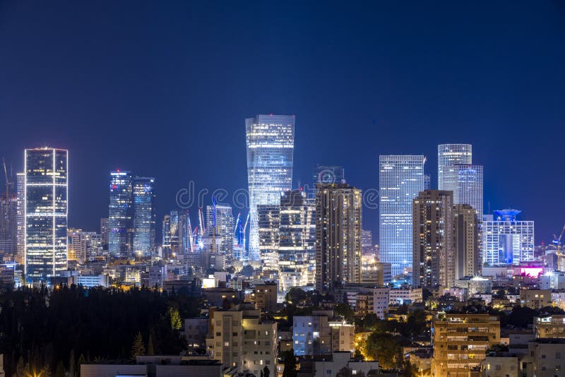 Tel Aviv Skyline at Night, Israel Stock Photo - Image of landscape ...