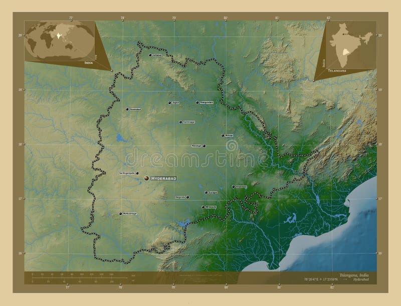 Telangana, India. Physical. Labelled Points of Cities Stock ...
