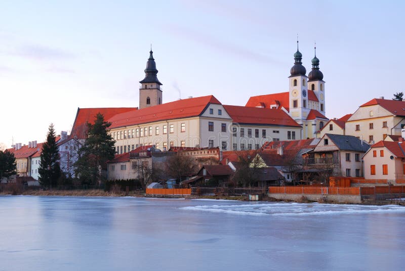 Telc Historic Chateau and Church Towers Stock Image - Image of moravia ...