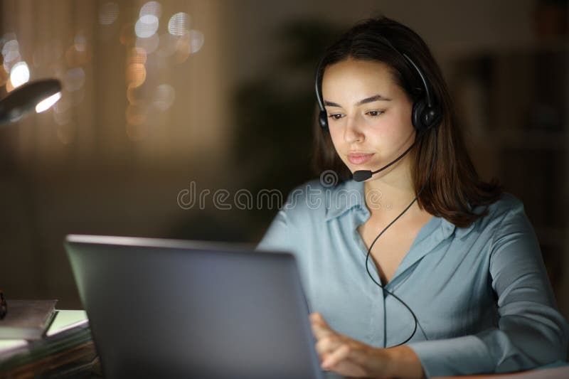 Tele Operator Working Online in the Night Stock Photo - Image of laptop ...