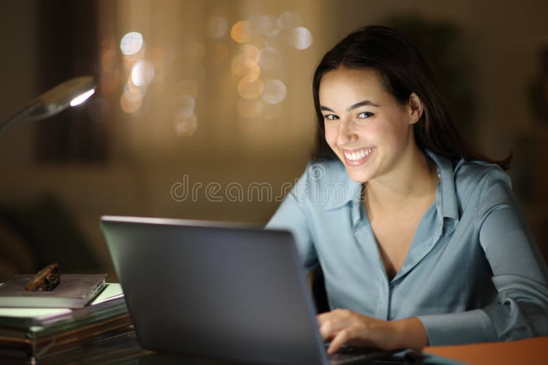 Tele Worker Smiling at You in the Night Stock Image - Image of telework ...