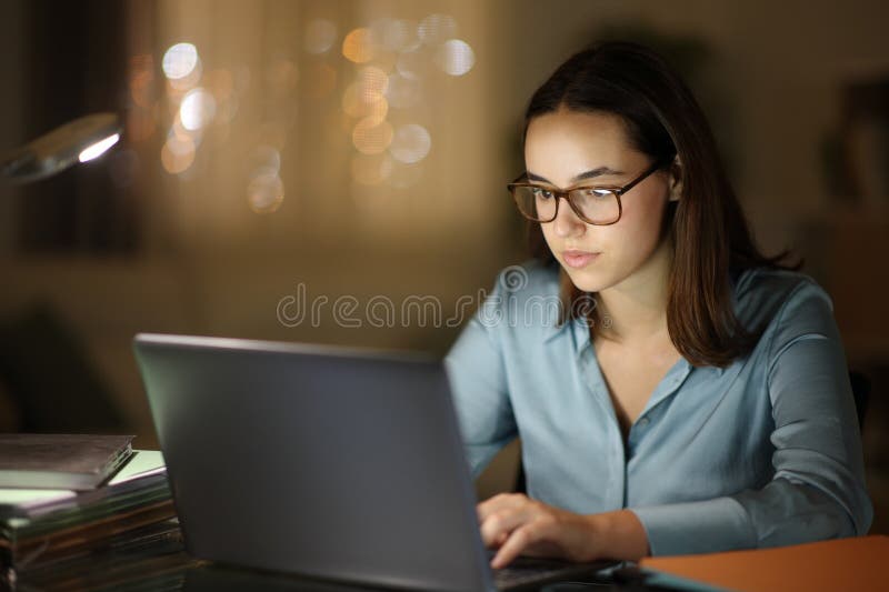 Tele Worker Working with Eyeglasses in the Night Stock Image - Image of ...