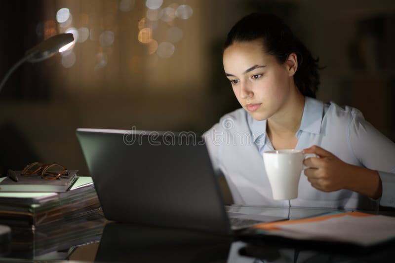 Tele Worker Working in the Night and Drinking Coffee Stock Image ...