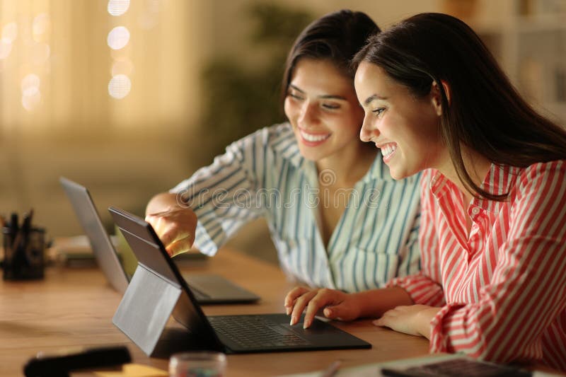 Tele Workers Working in the Night Stock Photo - Image of women, laptop ...