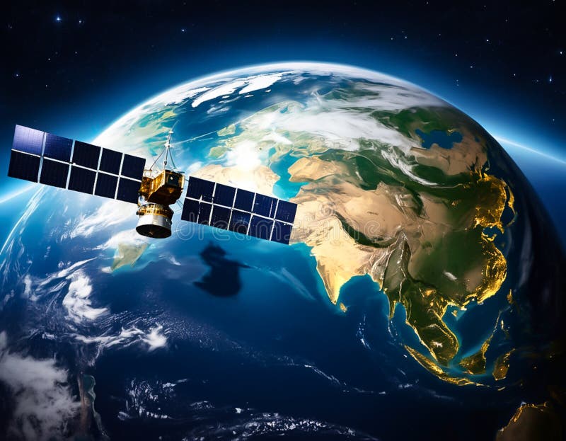 Telecom Communication Satellite Orbiting Around the Earth. Stock ...