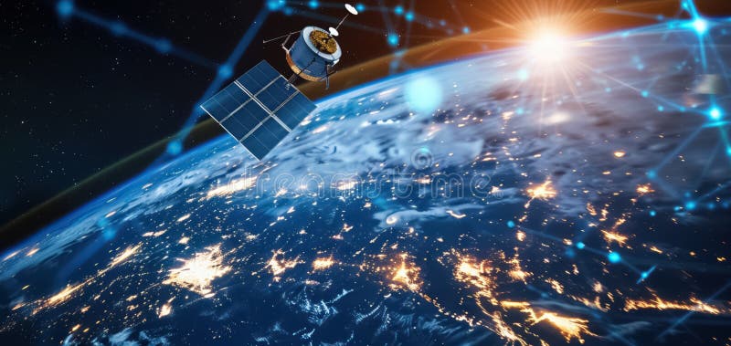 Telecom Communication Satellite Orbiting Around the Globe Earth with ...
