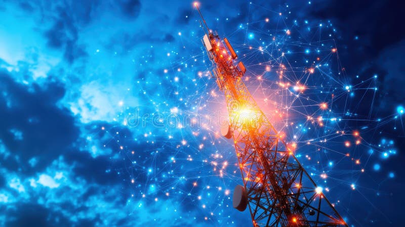 Telecom Infrastructure with Connections at Night Stock Illustration ...
