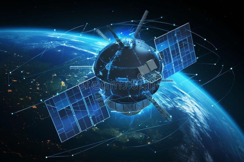 Telecom Satellite Orbits Earth, Projecting Futuristic Data Hologram for ...