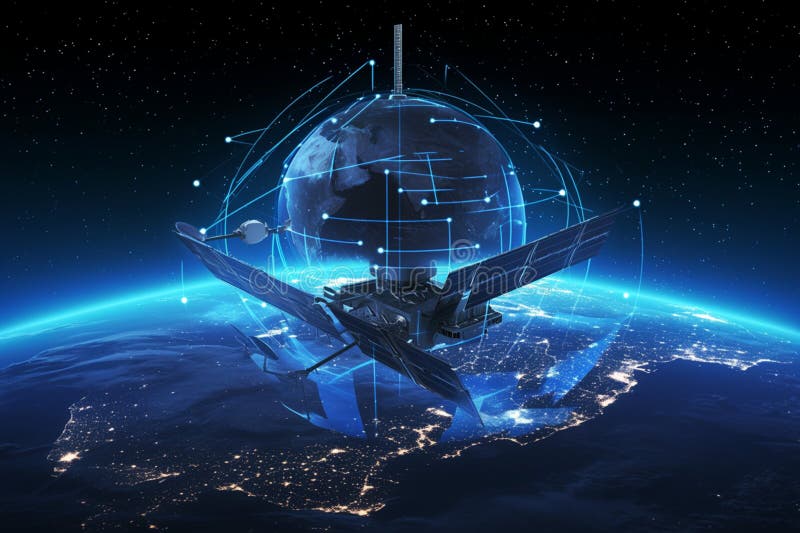 Telecom Satellite Orbits Earth, Projecting Futuristic Data Hologram for ...