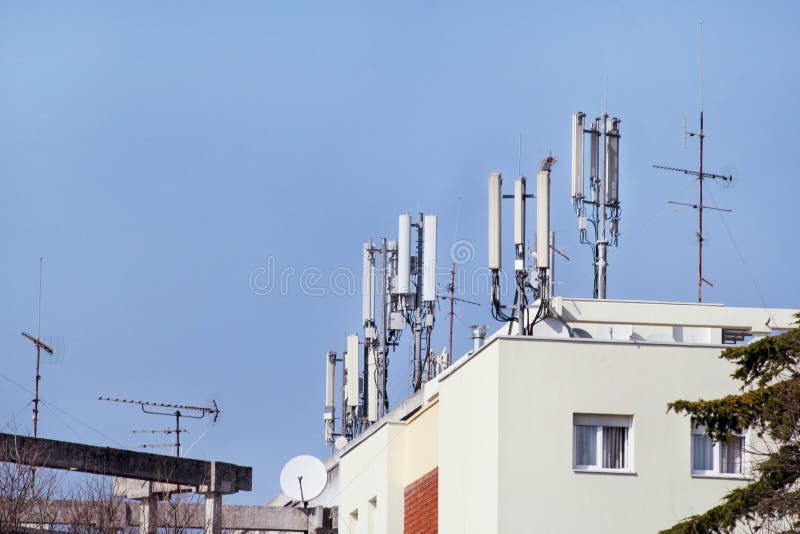 Telecommunication Base Stations Network Repeaters on the Roof of Stock ...