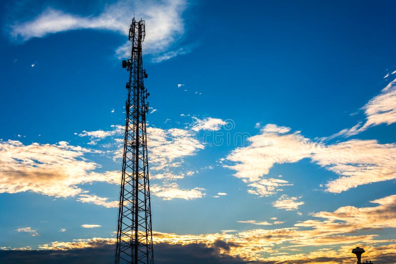 Telecommunication Cellular Tower at Sunset in Cool Color Tone Stock ...