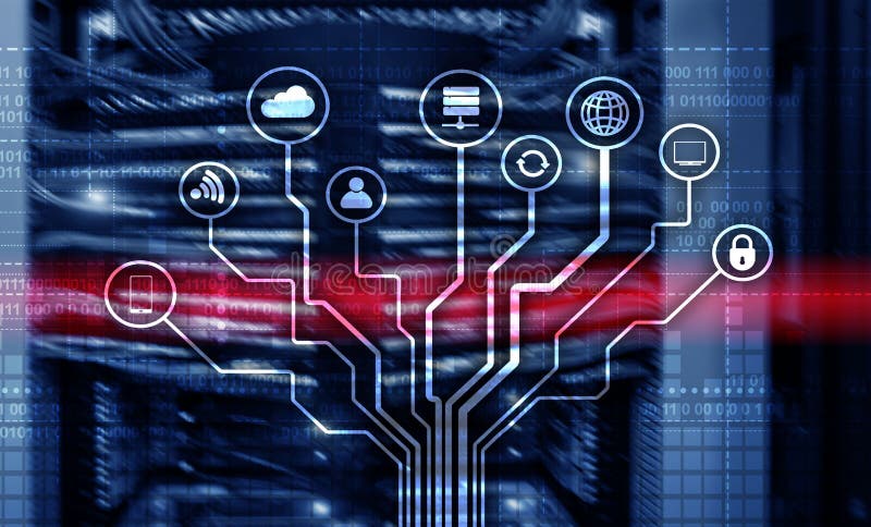 Telecommunication Concept. Binary Code on Large Data Center Background ...