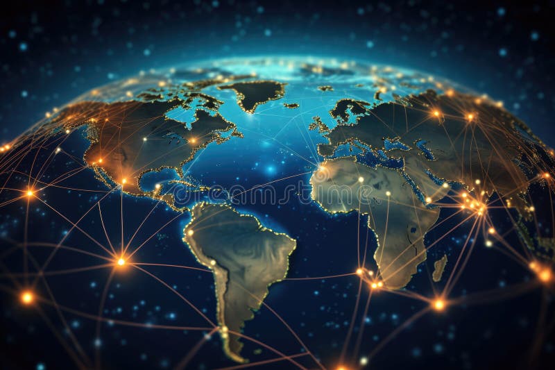 Telecommunication and Data Transfer, Connection Lines on World Map ...