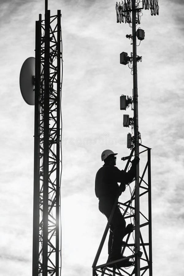 Telecommunication Engineer Installing Antennas on Mobile Phone Tower ...